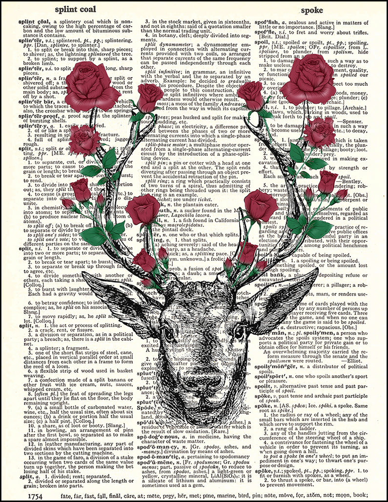 Stag with Roses - Dictionary Art Print — Fresh Prints of CT