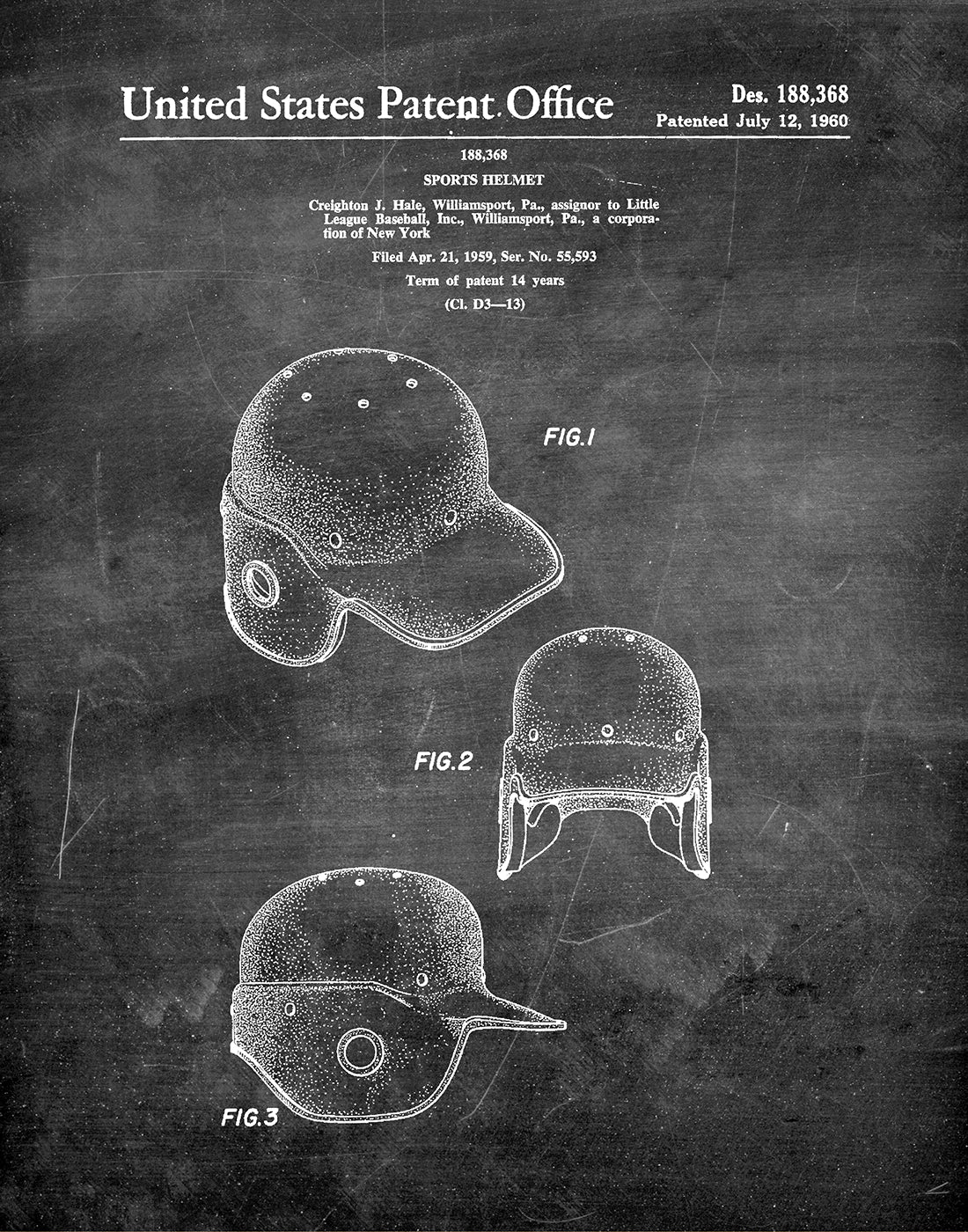 Baseball Helmet 1960 - Patent Art Print - Chalkboard — Fresh Prints of CT