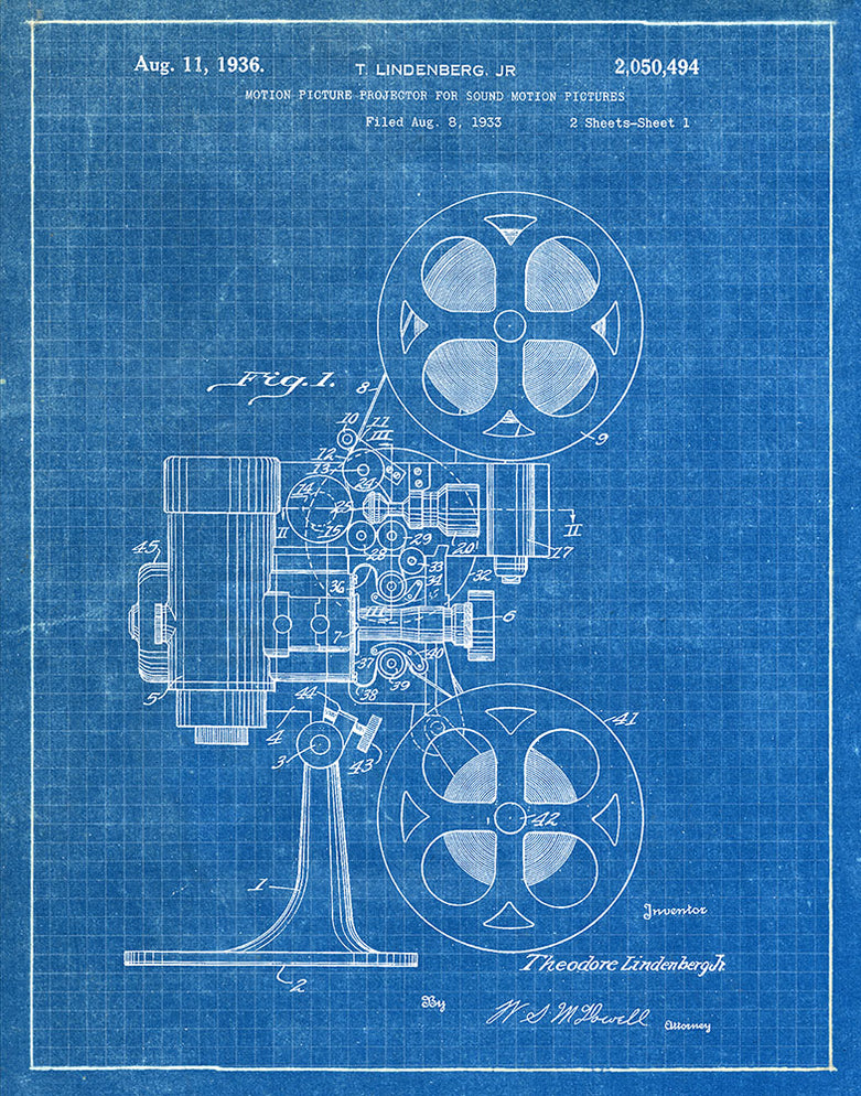 Movie Projector 1936 - Patent Art Print - Blueprint — Fresh Prints of CT