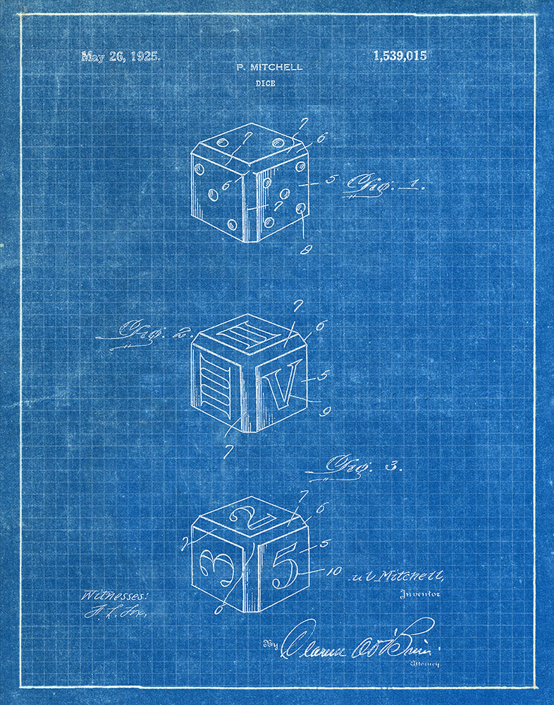 Dice 1925 - Patent Art Print - Blueprint — Fresh Prints of CT